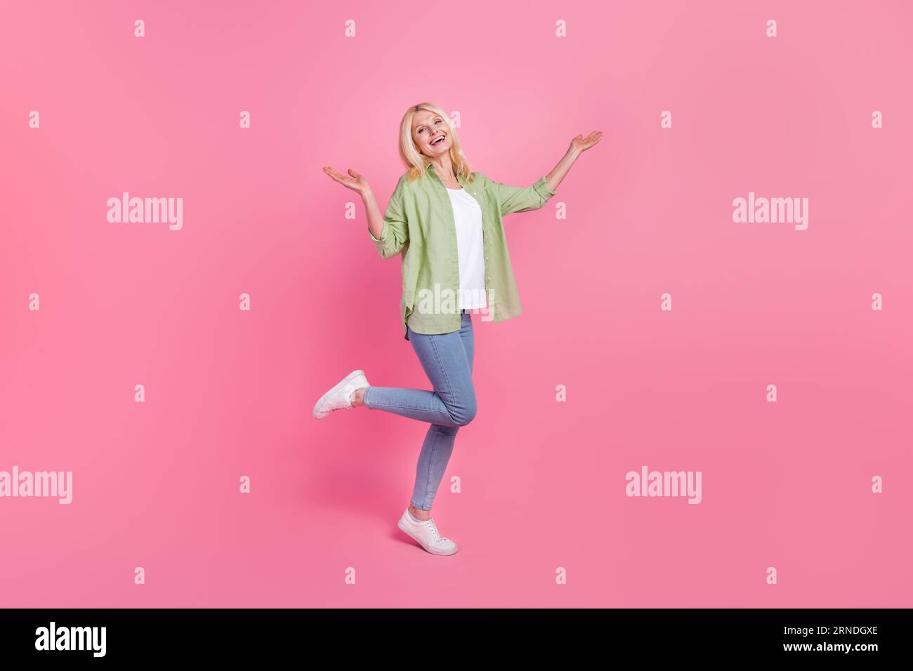 Full length portrait of lovely overjoyed lady have good mood dancing ...