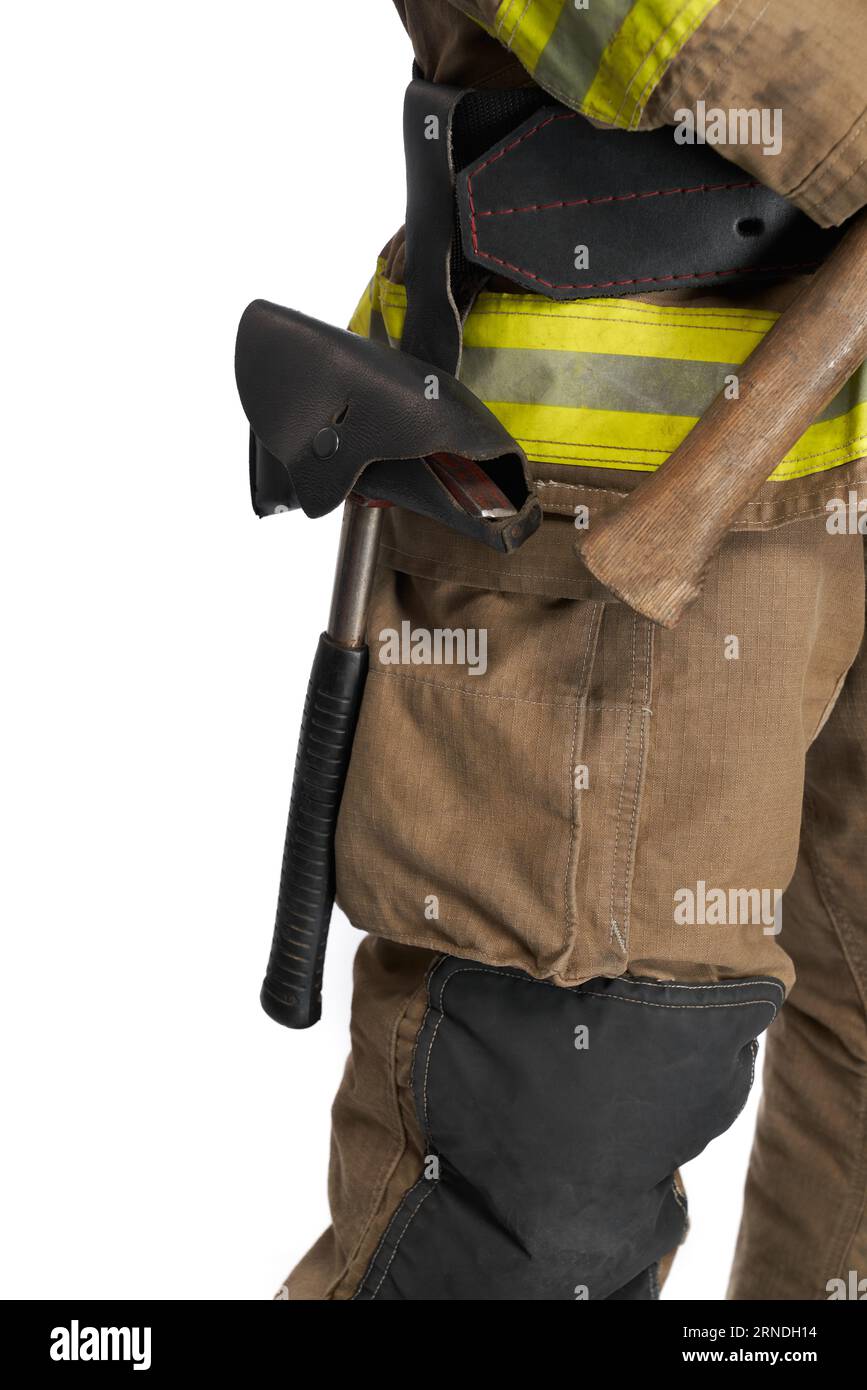 Crop view of male firefighter carrying fire tools in black holder ...