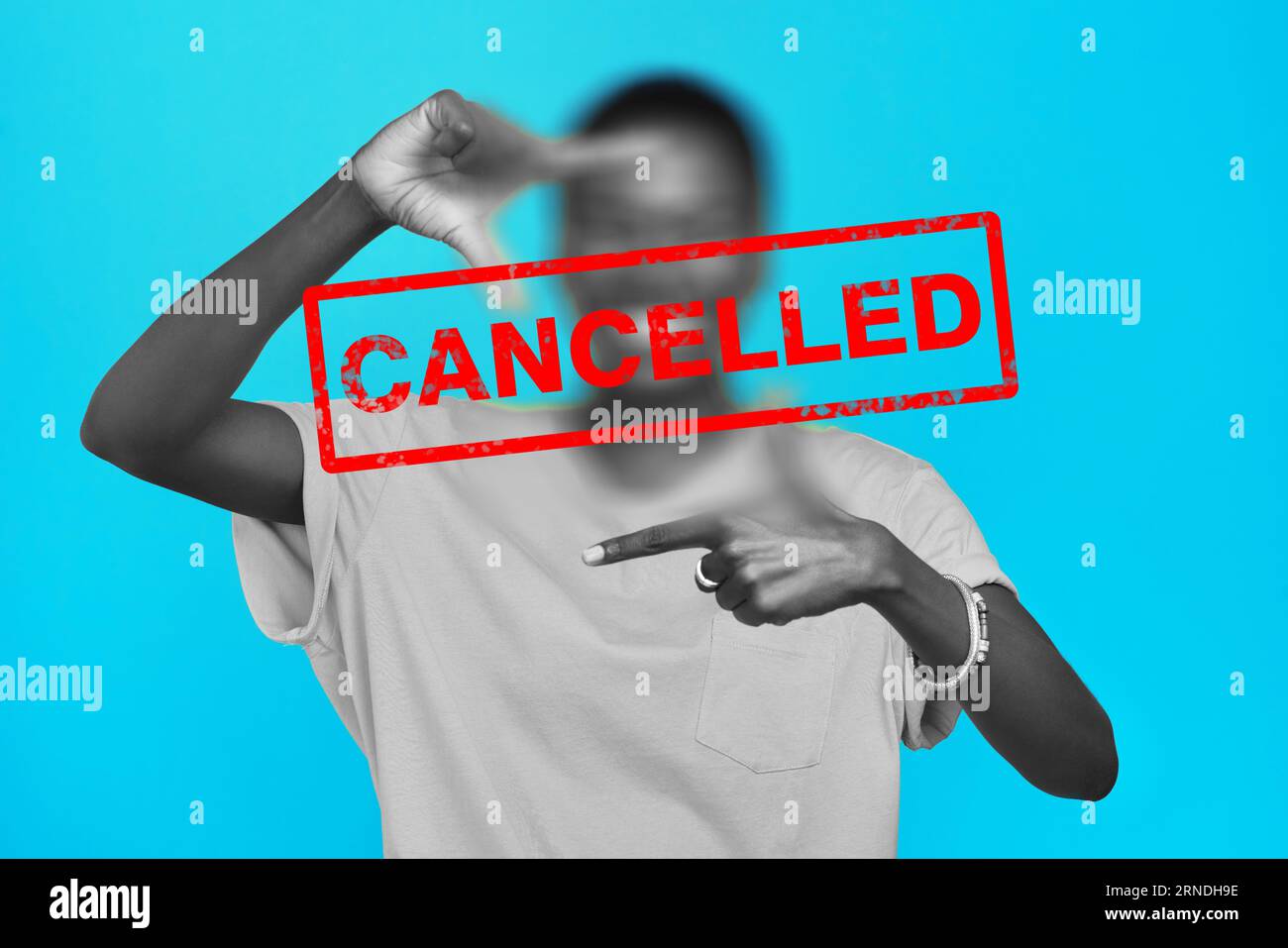 Cancelled, ban and woman with censor face for boycott, silence opinion ...