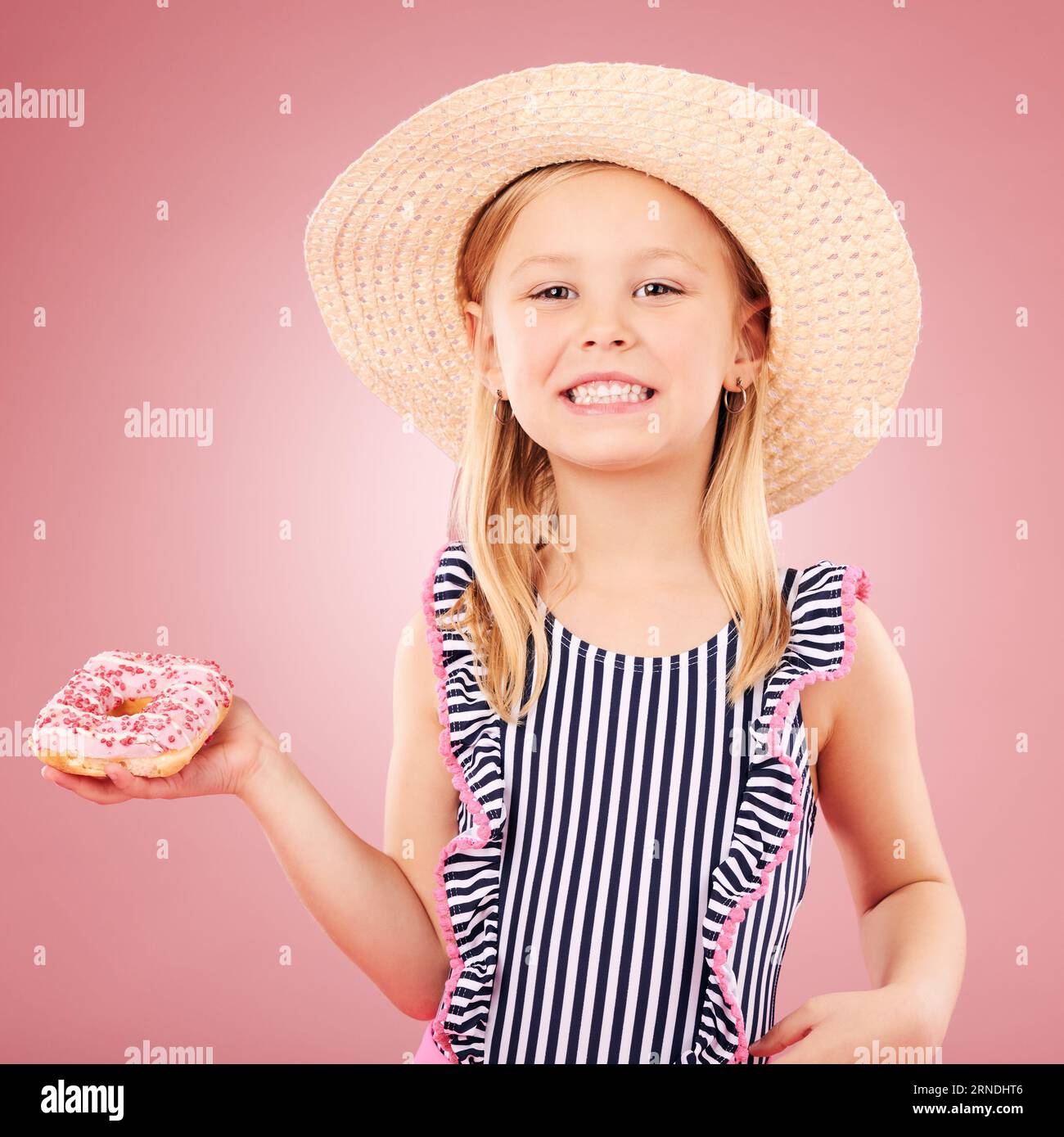 Happy, portrait and girl with a donut or child with sugar, dessert and ...