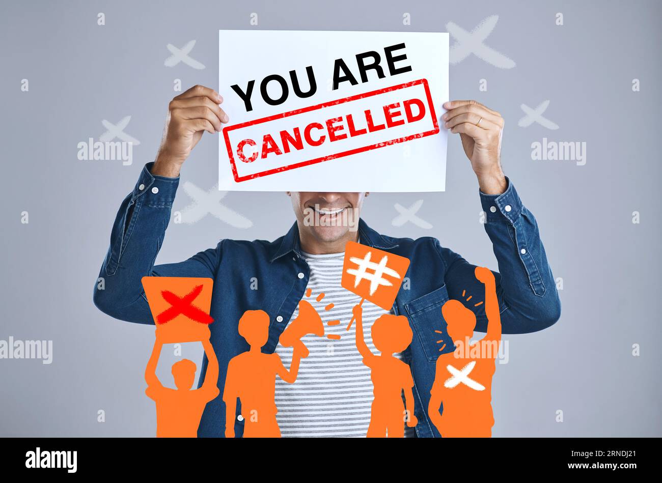 Man, cancelled sign and protest, censorship and bullying in studio ...