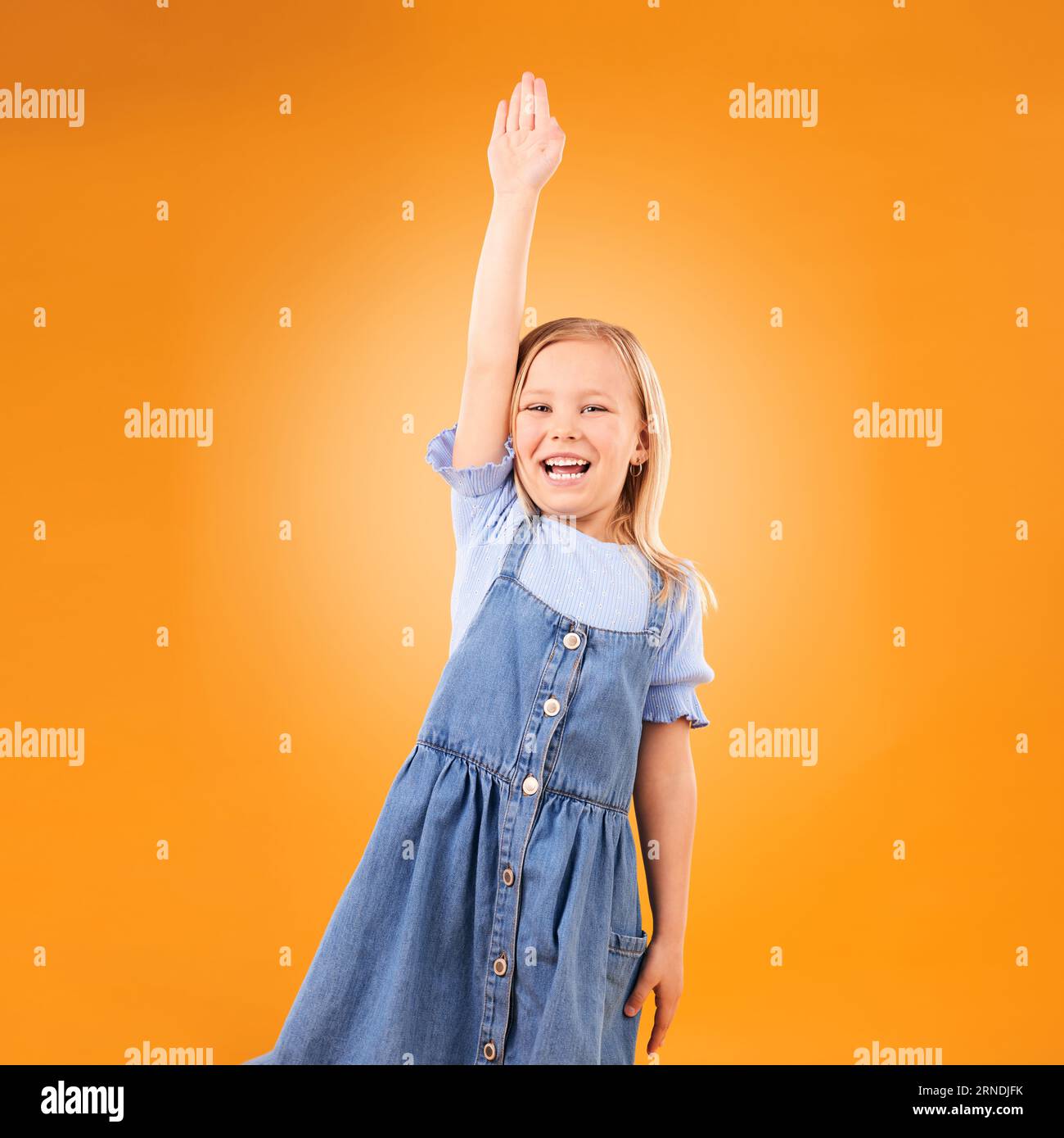 Portrait, hands raised and happy kid with question in studio isolated ...