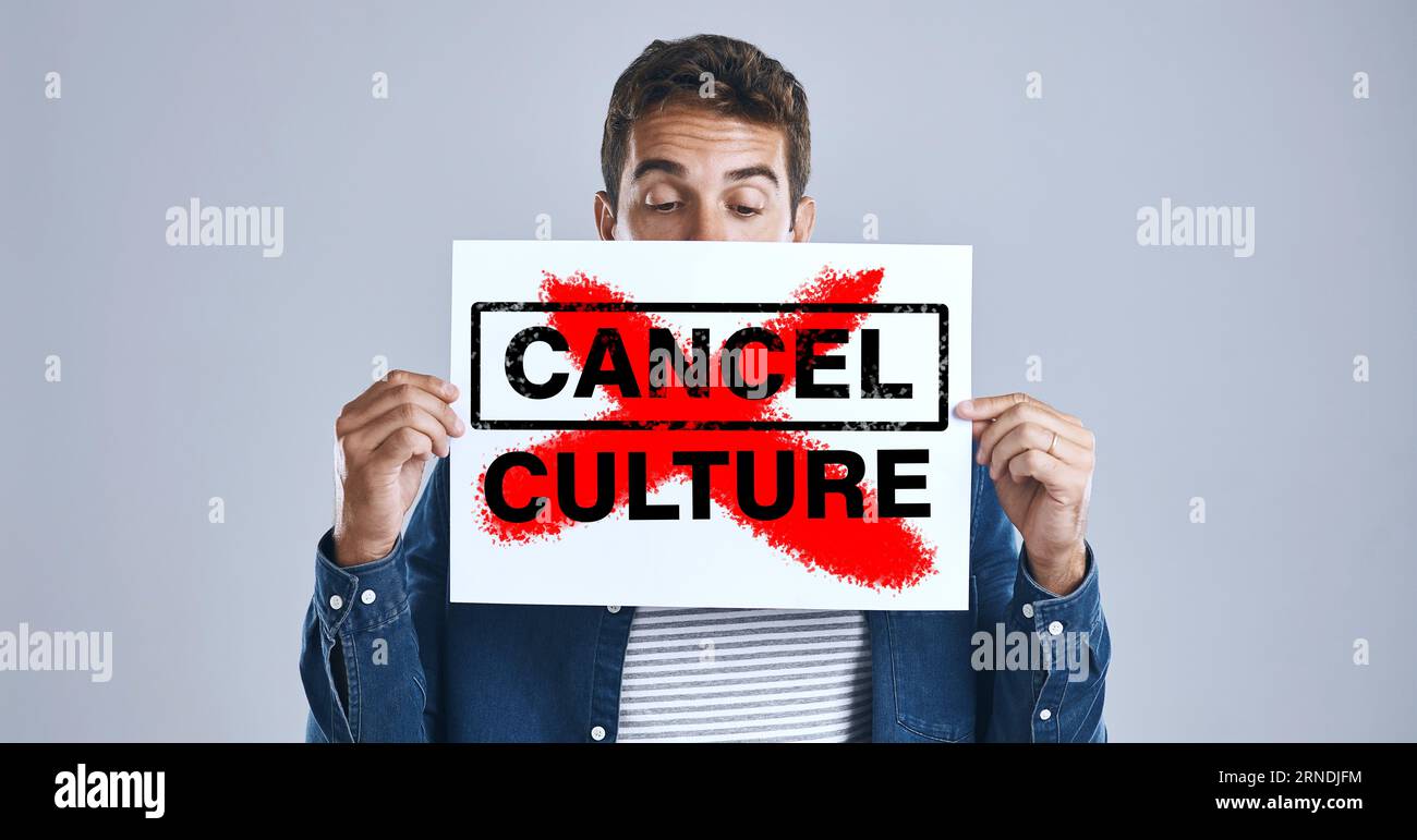 Cancel culture, person and protest sign in hand with message for social ...