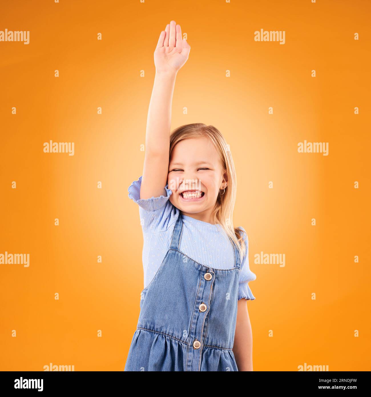Learning, hands raised and happy kid with question in studio isolated ...