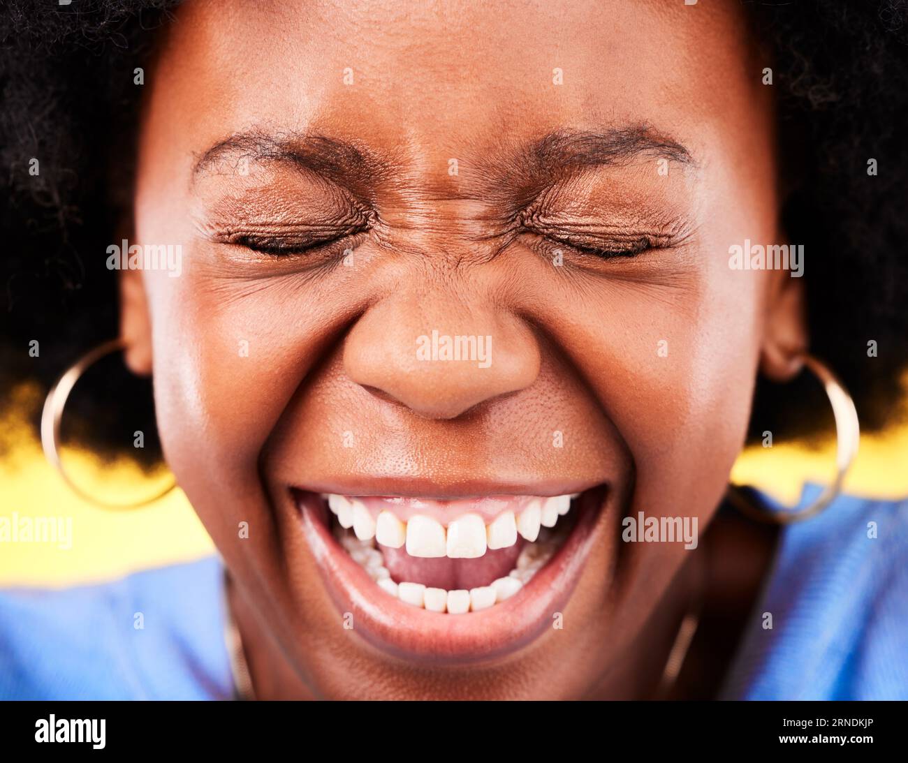 Zoom of excited, happy and face of black woman on yellow background for ...