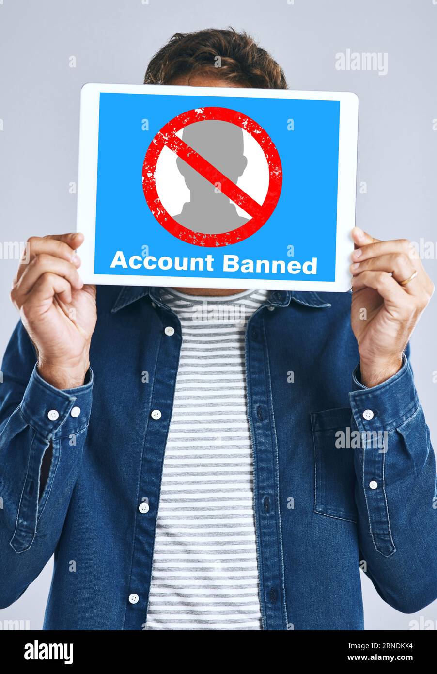 Banned, account and man with a sign for social media, guidelines and rules for online profile ...