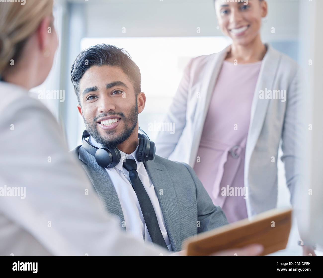 Business people, conversation and teamwork with planning, tablet and ...