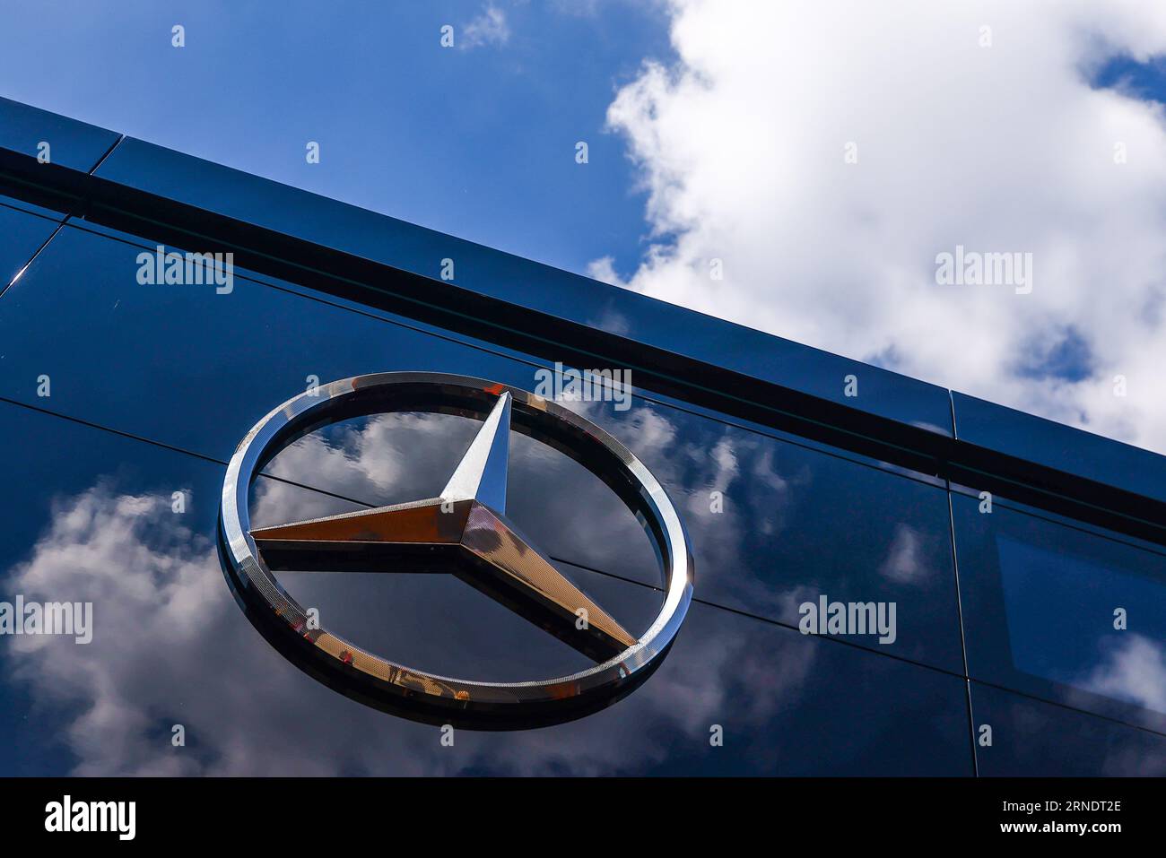 Monza, Italia. 1st Sep, 2023. Mercedes logo is seen ahead of the F1 ...