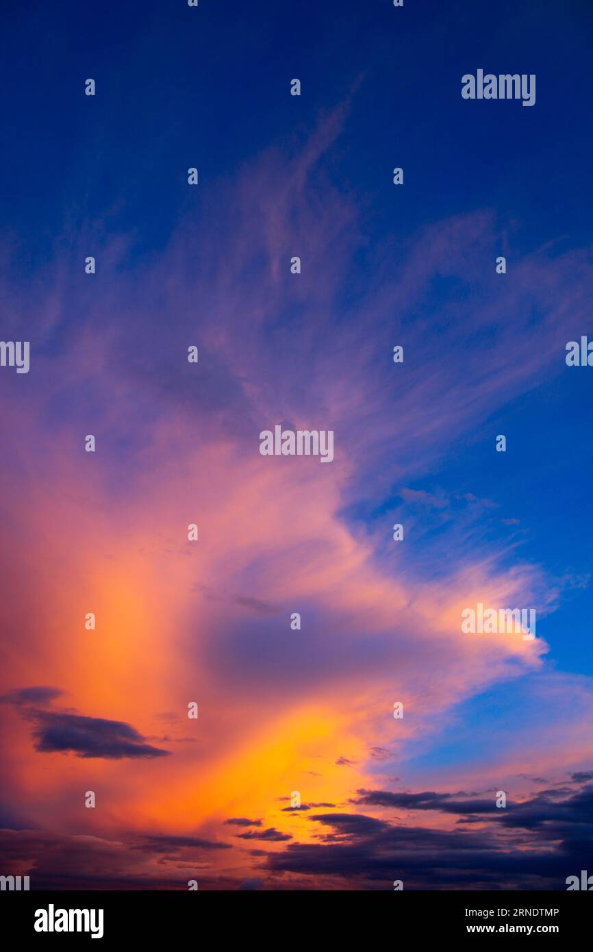 Cumulus clouds and different color tones in the sky at sunset. Dance of ...