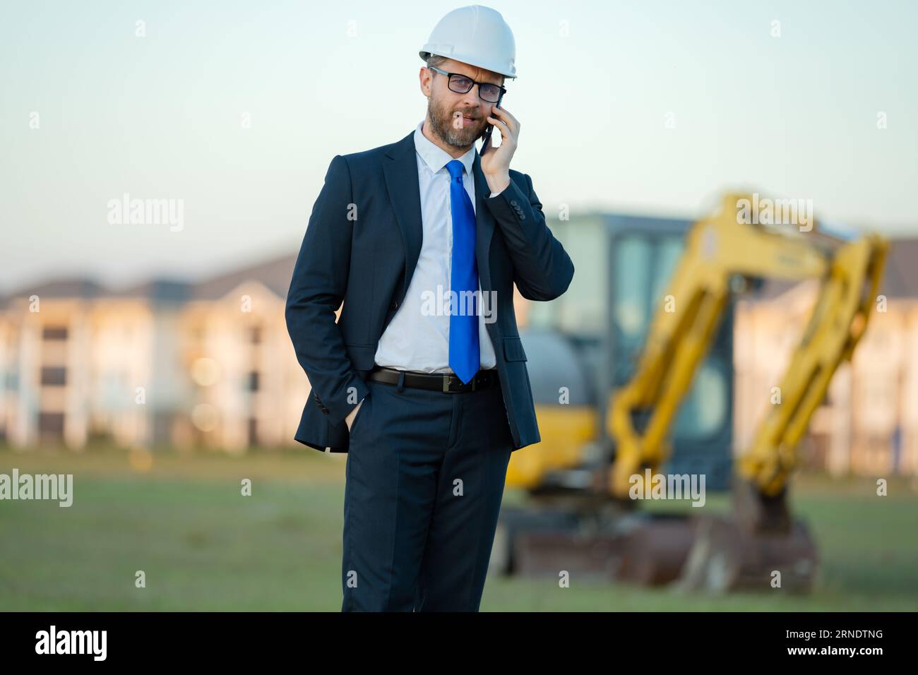 Construction builder investor. Man investor in front of construction ...