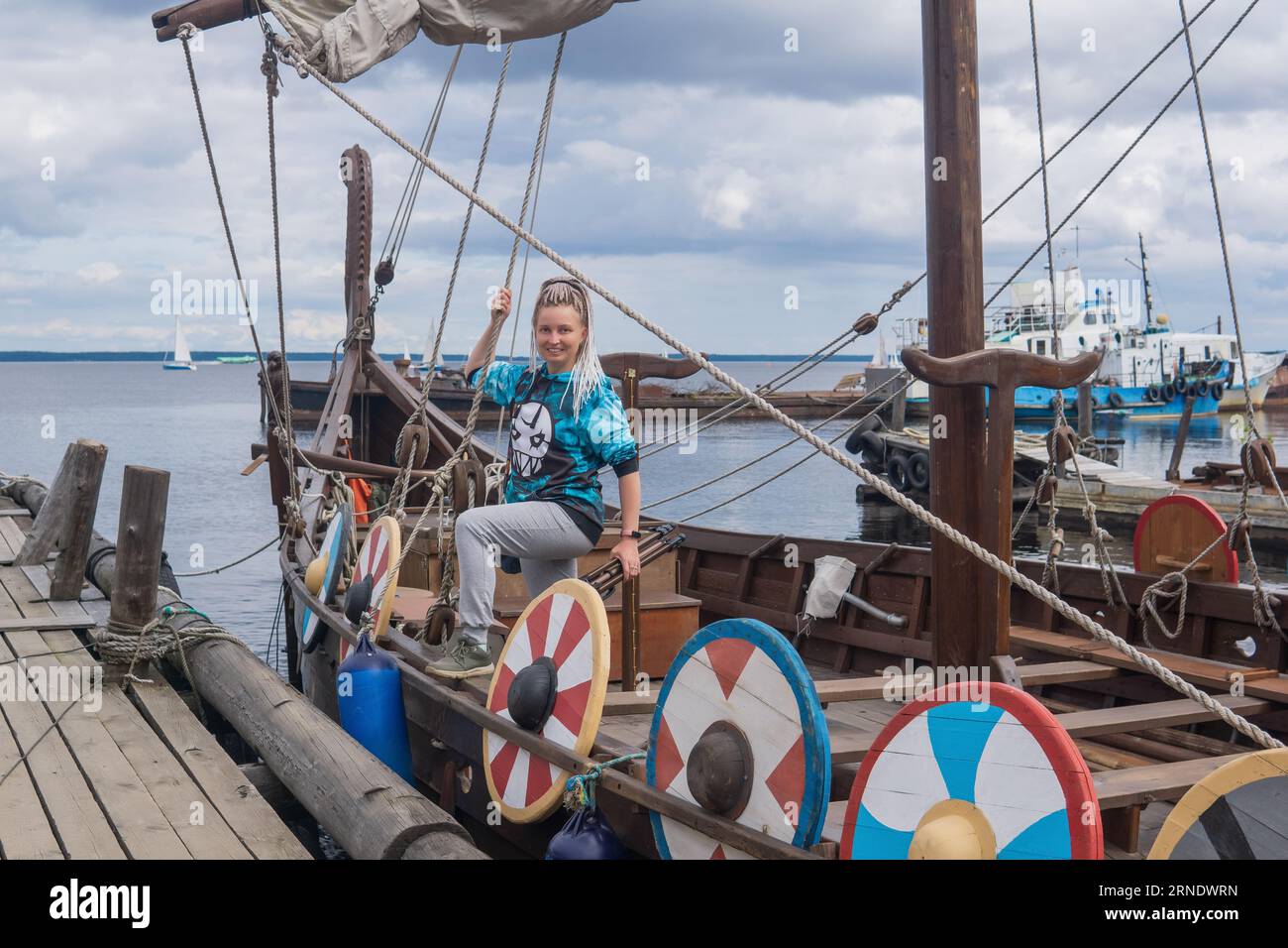 woman tourist aboard a modern replica of ancient viking longship Stock ...