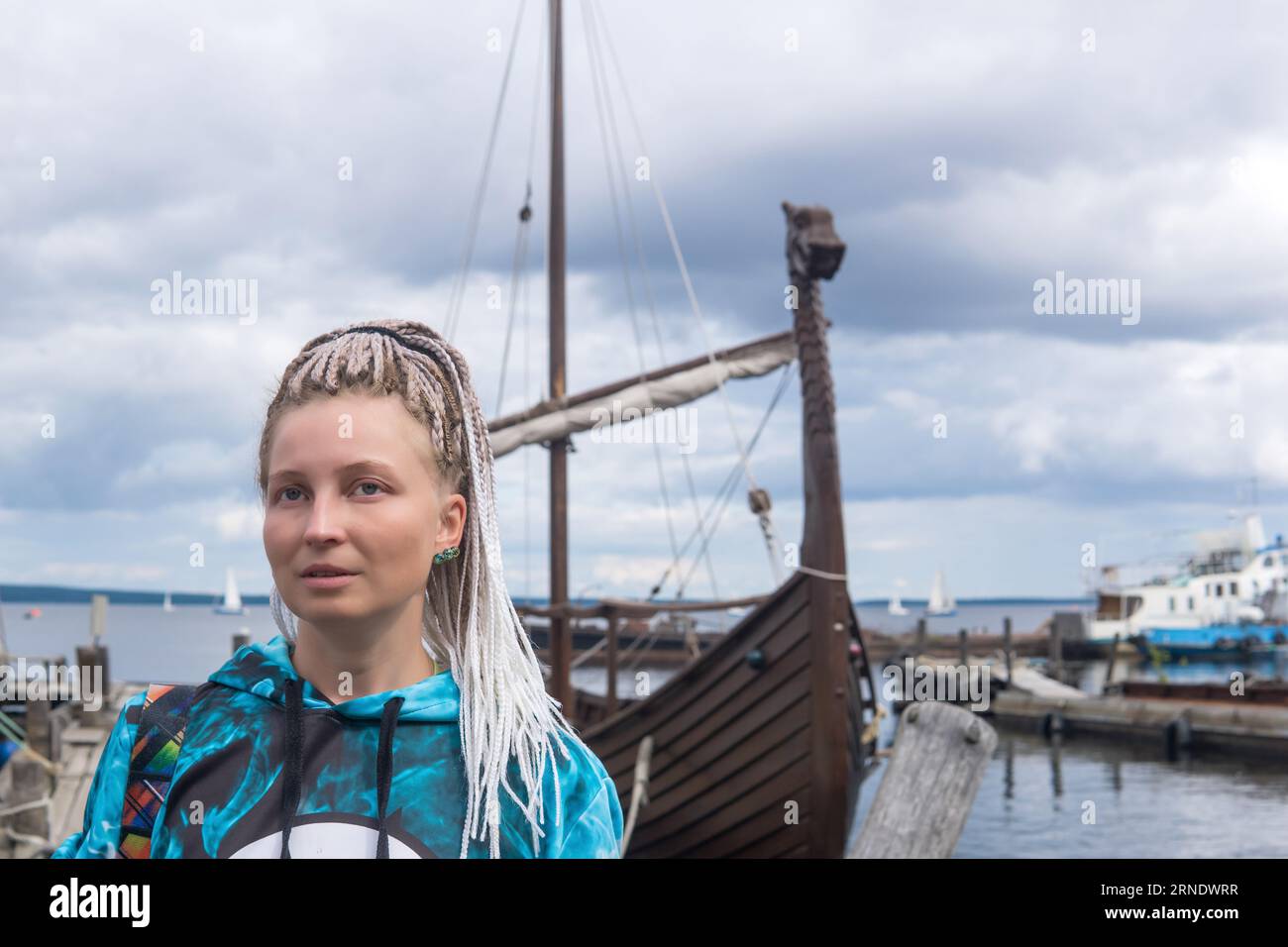female tourist went ashore after sailing in a modern replica of anсient ...