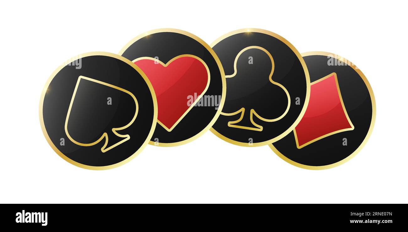 Glossy playing card suit symbol with gold border. Hearts, diamonds ...