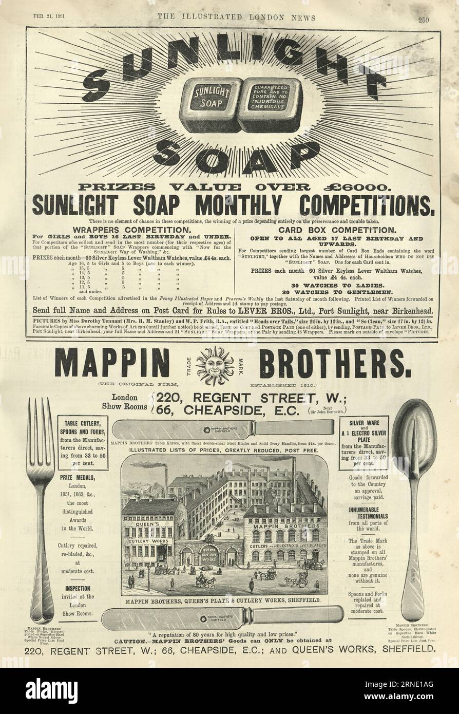 Page of Victorian newspaper adverts, 1890s, 19th Century. Sunlight soap ...