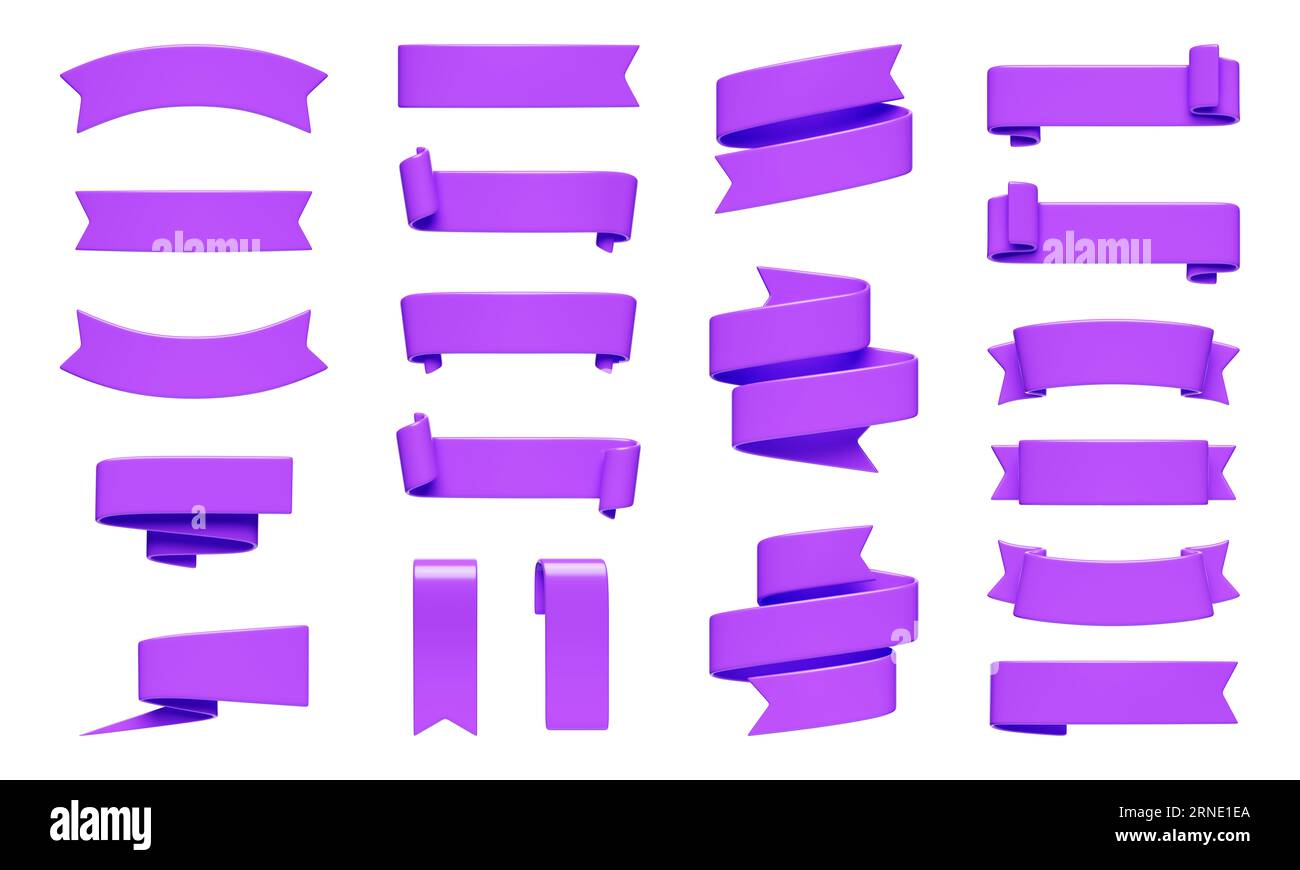 Purple ribbon banner 3d render set Stock Photo - Alamy