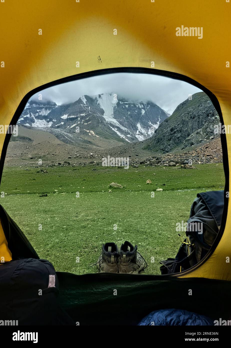 View from the tent on a trek from Zanskar to the Warwan Valley, Pir ...