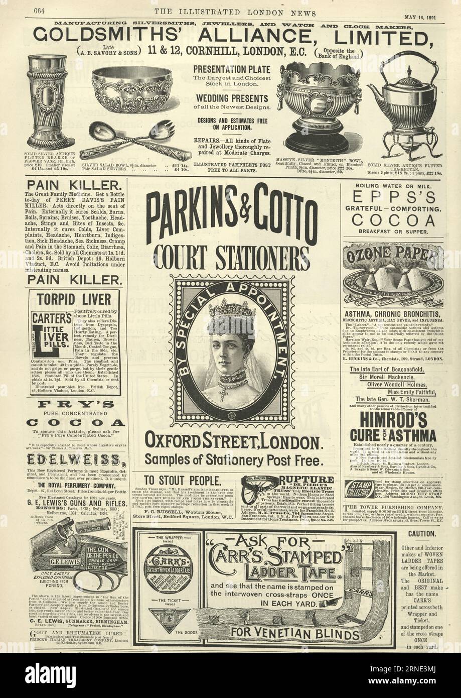 Victorian newspaper page, adverts, Pain killer, Silverware, Ozone paper, Ladder tape, Liver ...