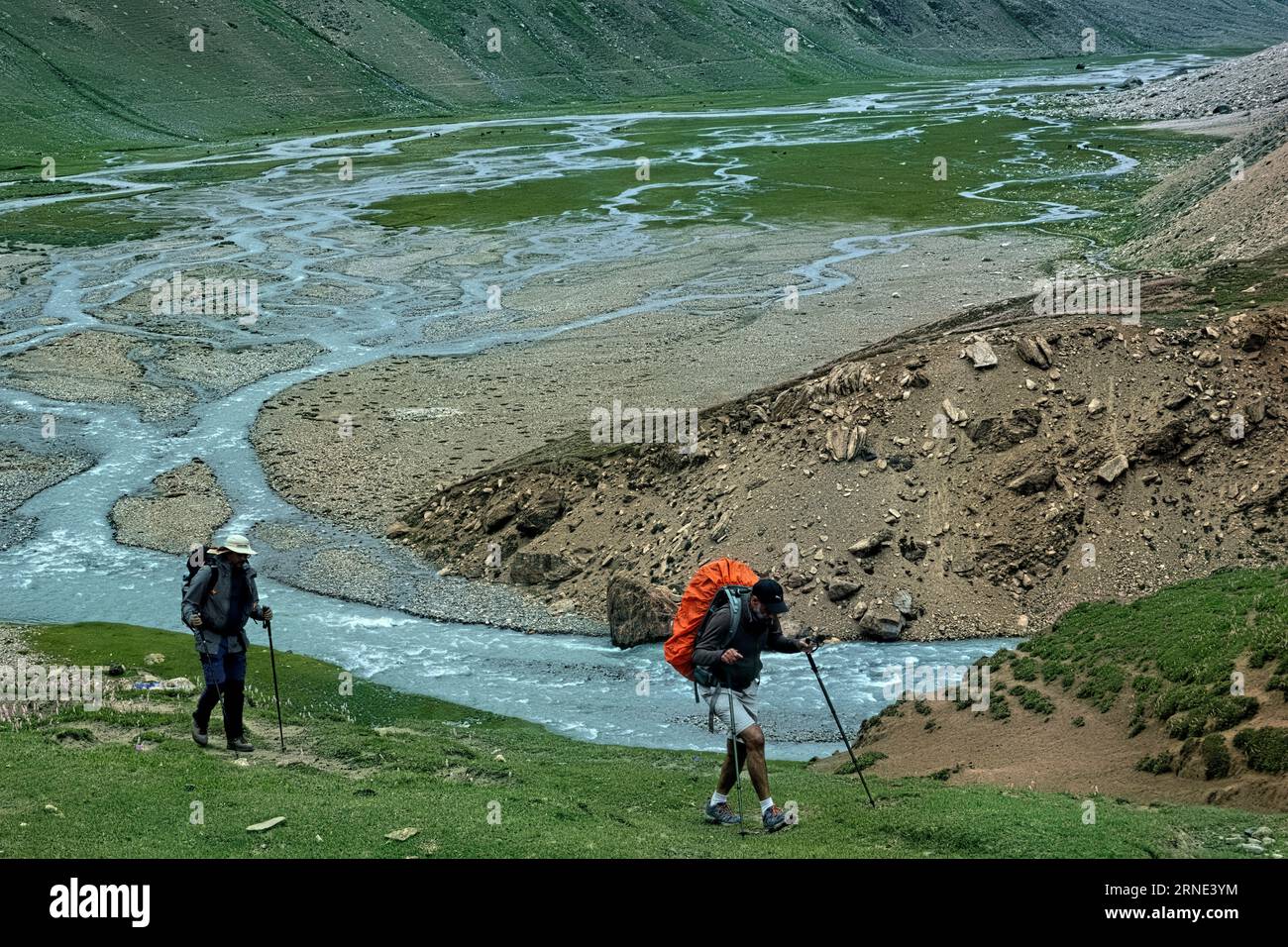 Trekkers climbing from the Chalong Nar on a trek from Zanskar to the ...