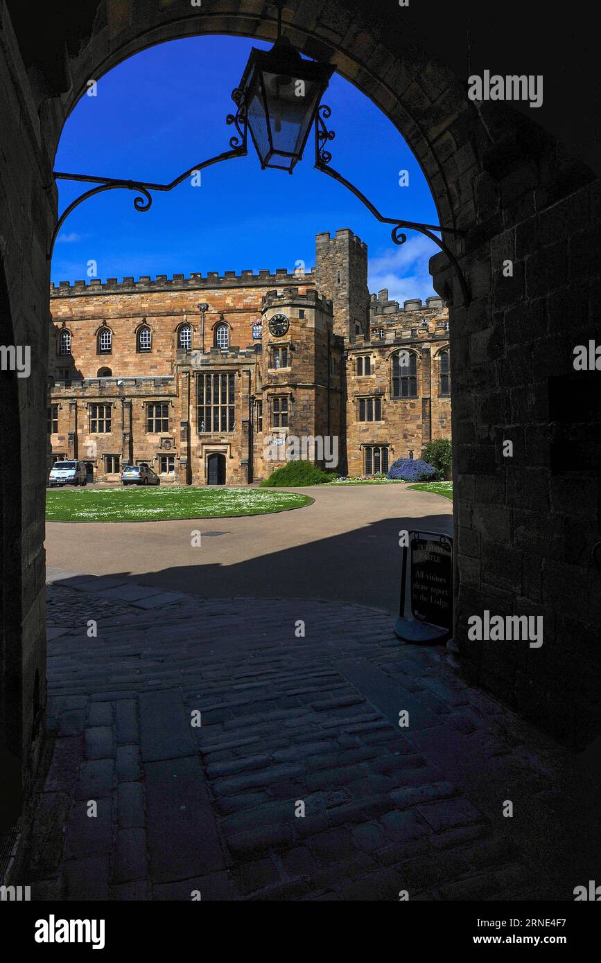 North wing of Durham Castle in north-east England, framed by arch of ...
