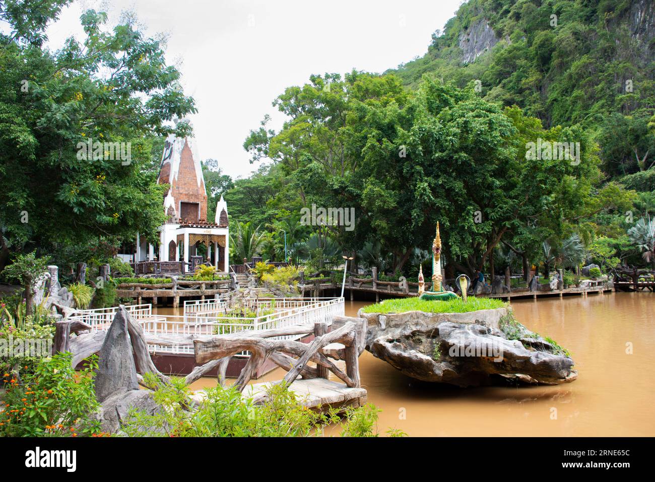 Ancient building and gardening park garden with mountain for thai ...