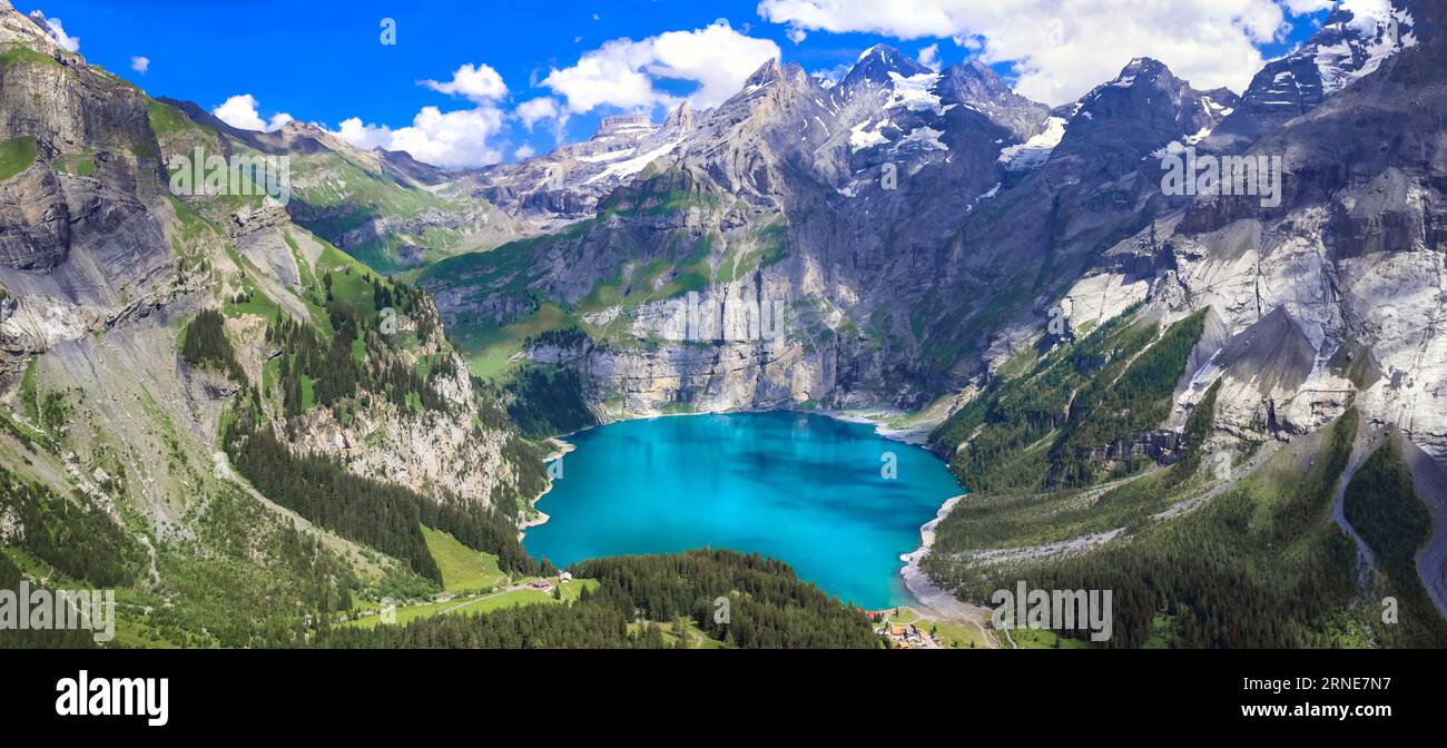 Idyllic swiss mountain lake Oeschinensee (Oeschinen) with turquise ...