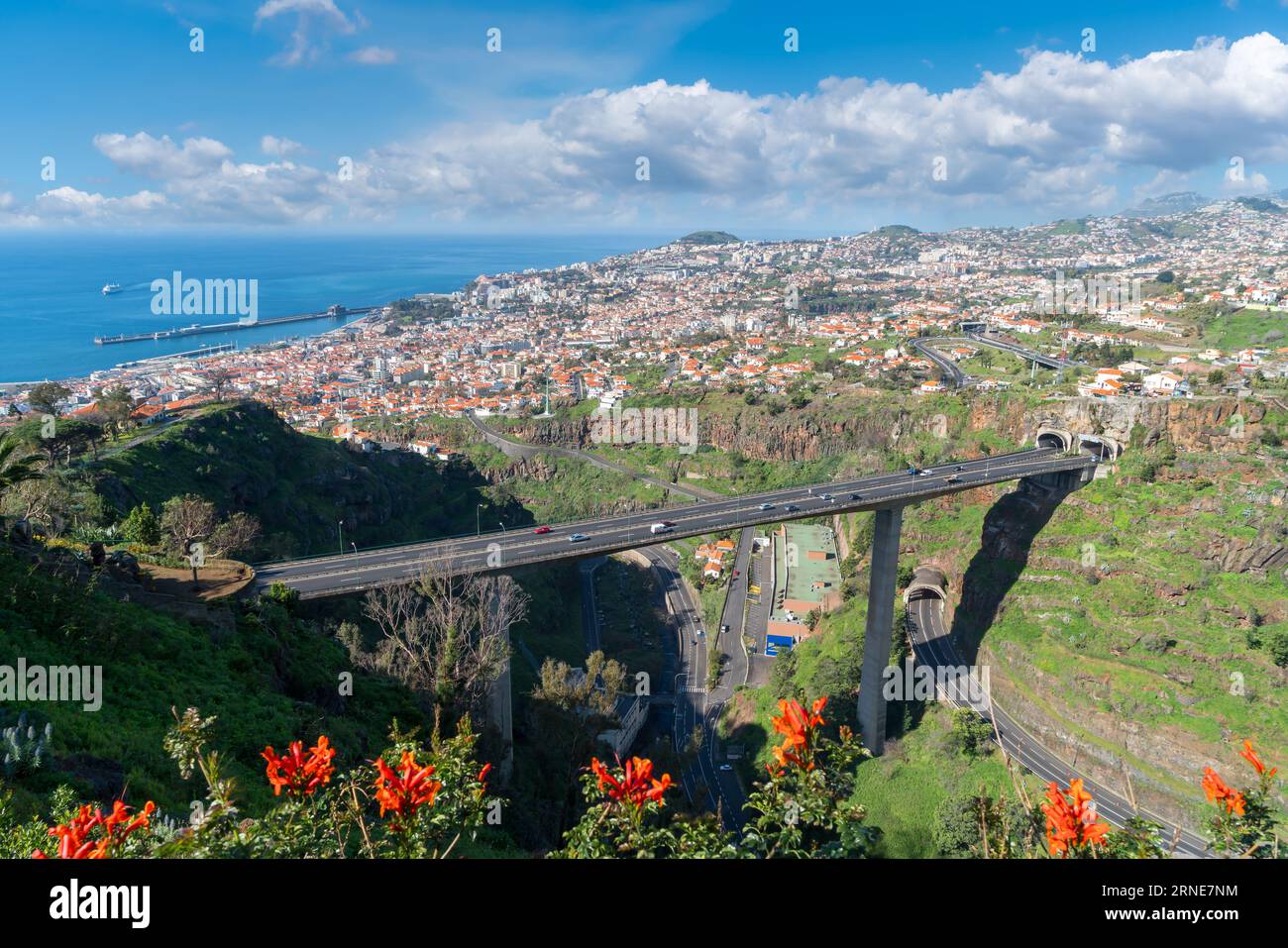Landscape with bridges and tunnels in Funchal, Madeira island, Portugal ...