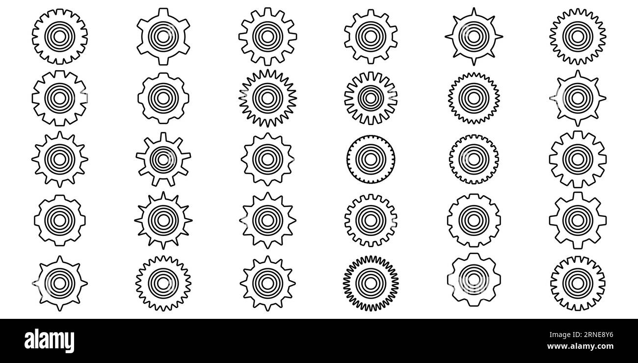 Gears icon set. Setting gears icon. Collection of mechanical outline ...