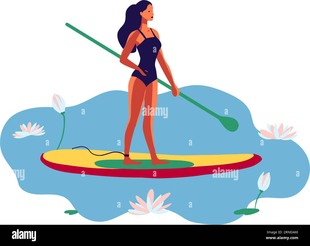Young woman in a swimsuit swimming on a SUP board on the lake among water lily flowers vector ...