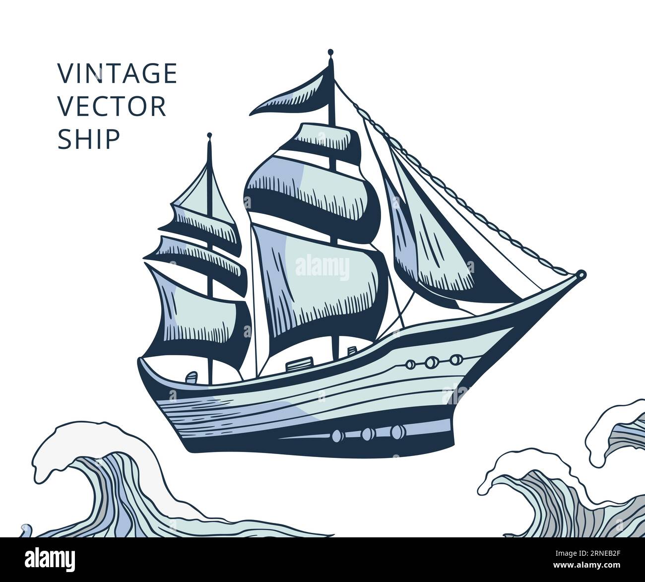 Vintage vector ship boat sketch illustration. Blue sea ocean hand drawn ...