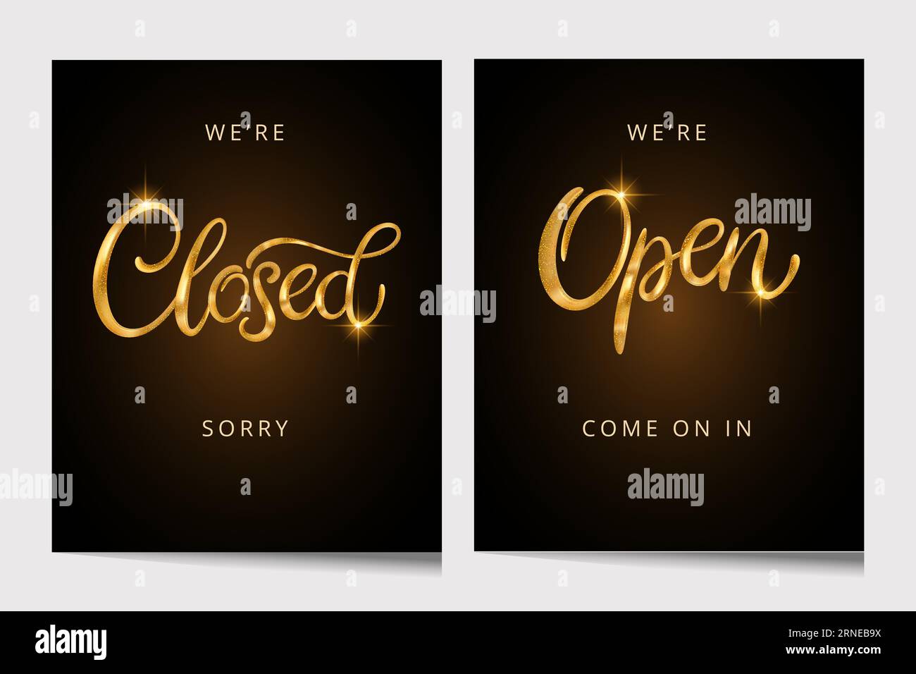 Open Closed Shop Sign. Shiny sparkle 3d vector gold golden lettering ...