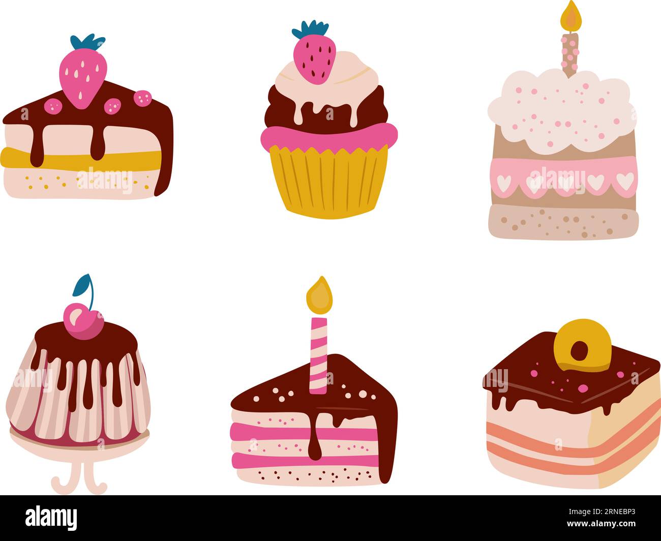 Cute Cartoon simple vector birthday cake cupcake vector set. Happy ...