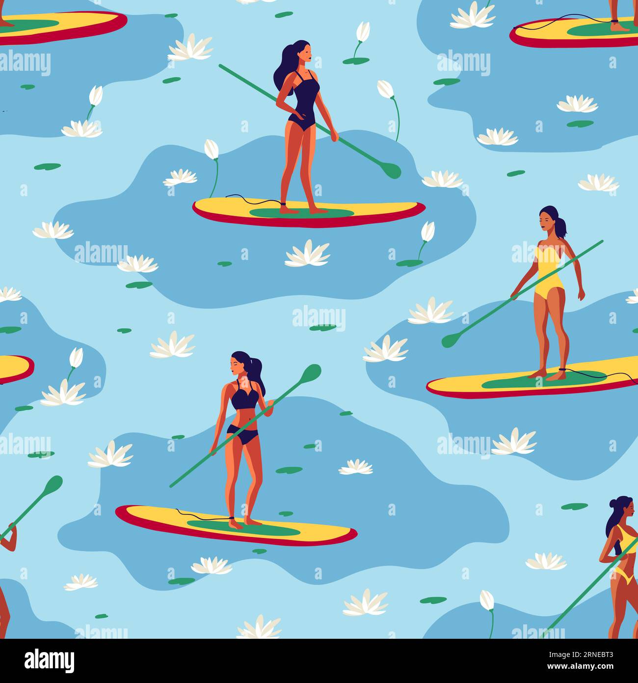 Woman on a SUP board on the lake among water lily flowers SUP boarding ...