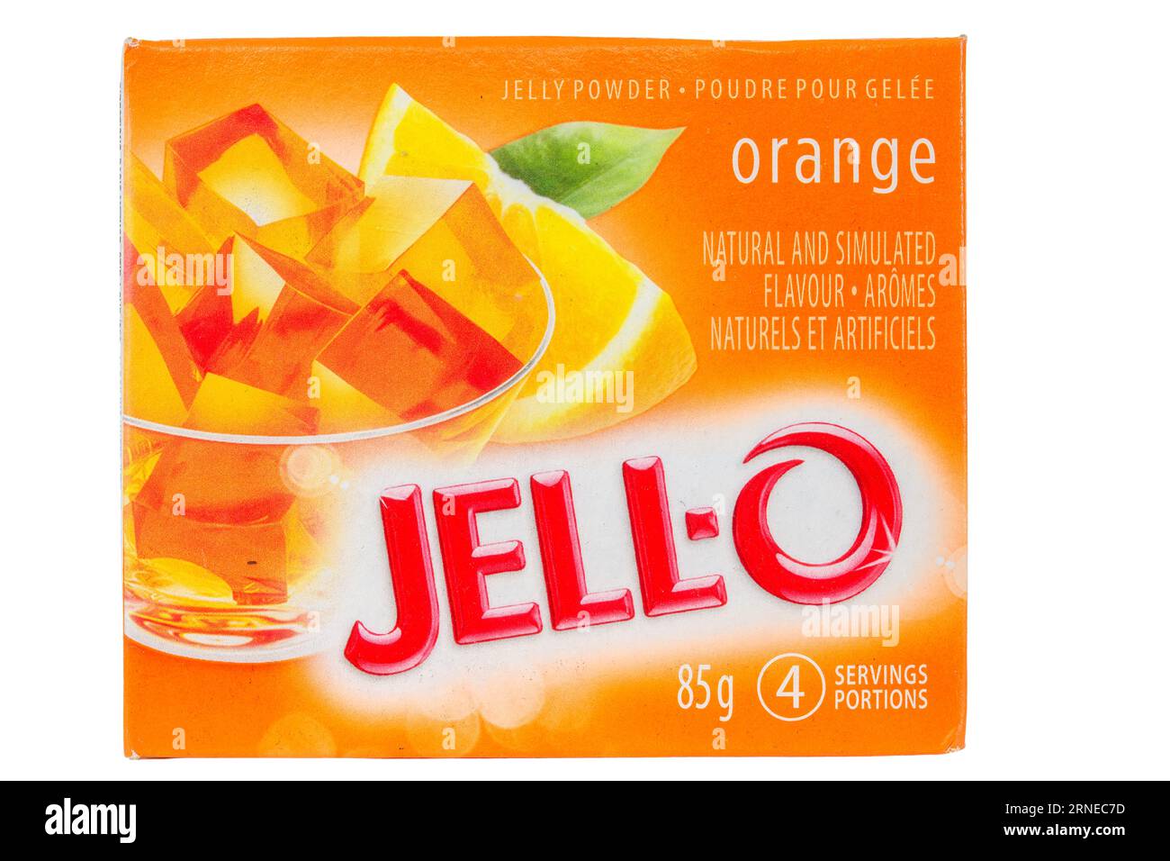 A box of Jell-O jelly powder. Orange natural and artificial flavours ...
