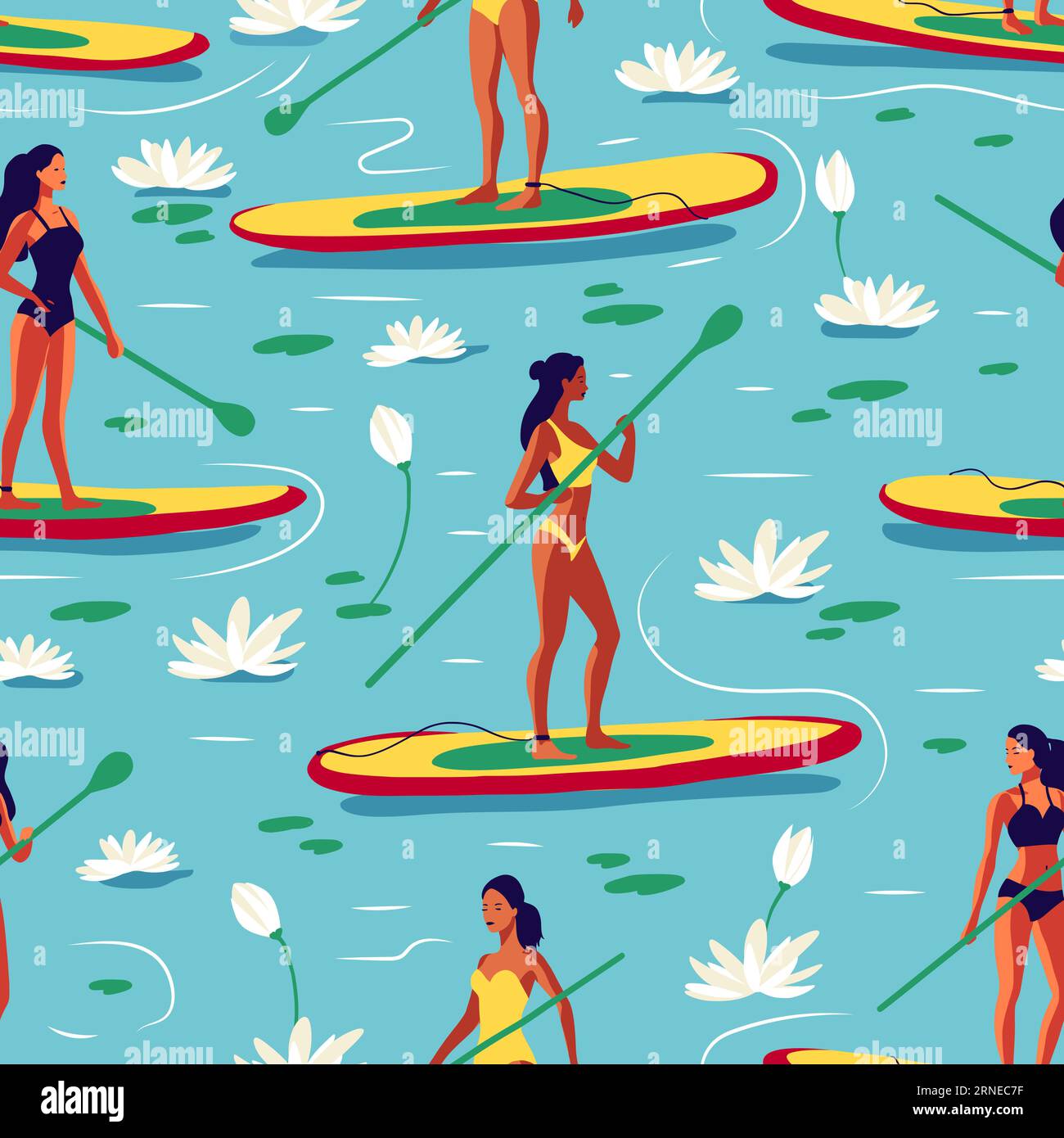 Woman on a SUP board on the lake among water lily flowers SUP boarding ...