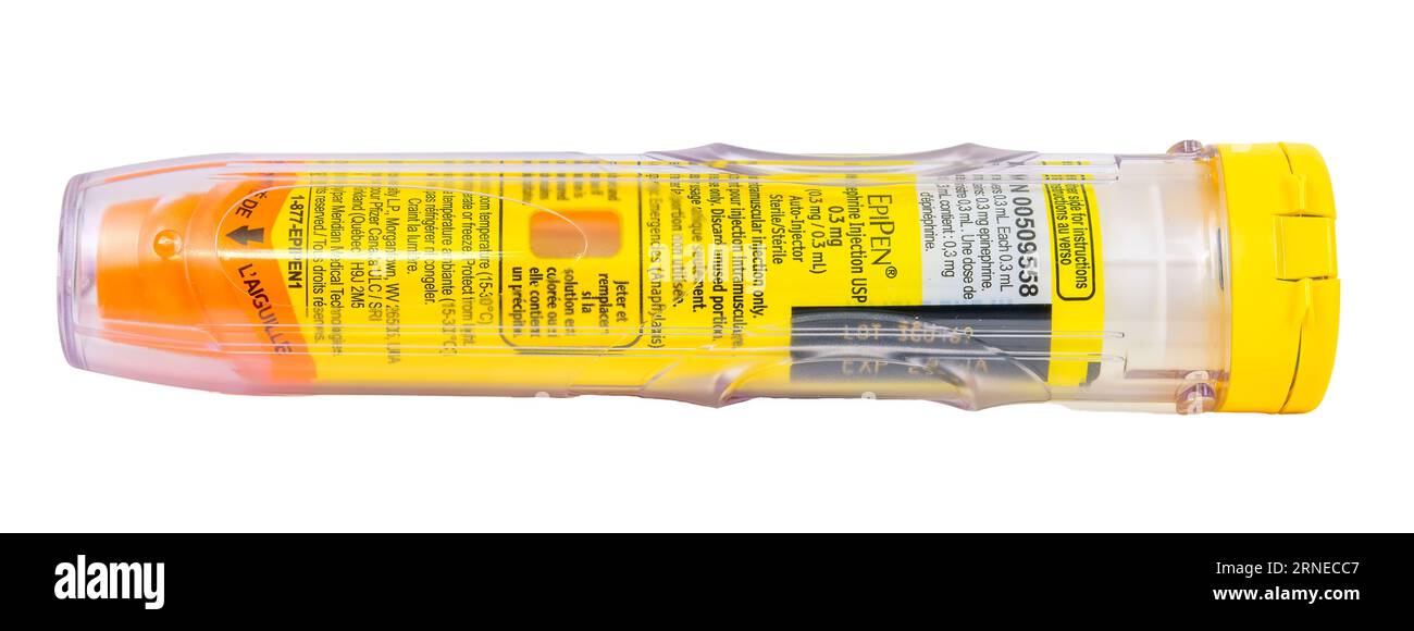 Plastic case of an EpiPen anti-allergy syringe. Object isolated in ...