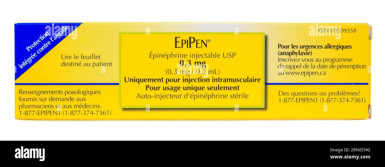 Box or packaging of an EpiPen anti allergy syringe Stock Photo - Alamy