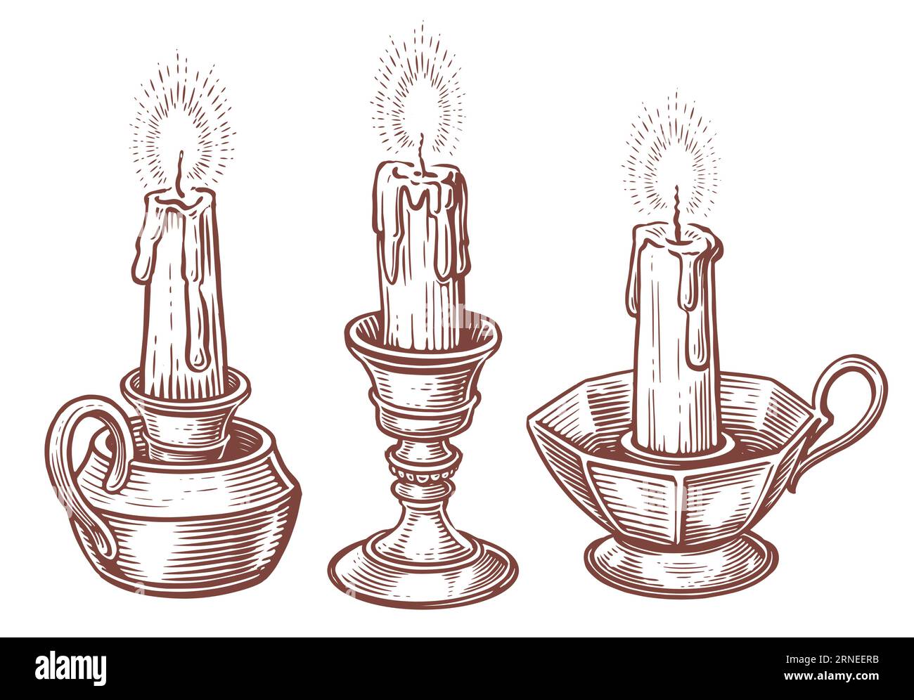 Candlestick with burning candle. Hand drawn sketch engraving style vintage vector illustration ...