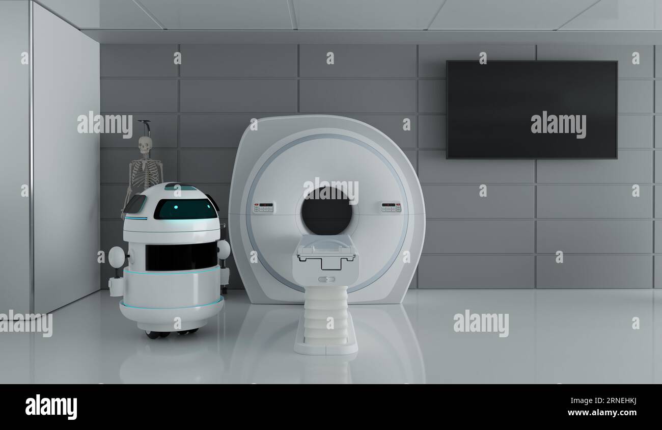 Mock up MRI machine in medical room with robotic control concept, 3d ...