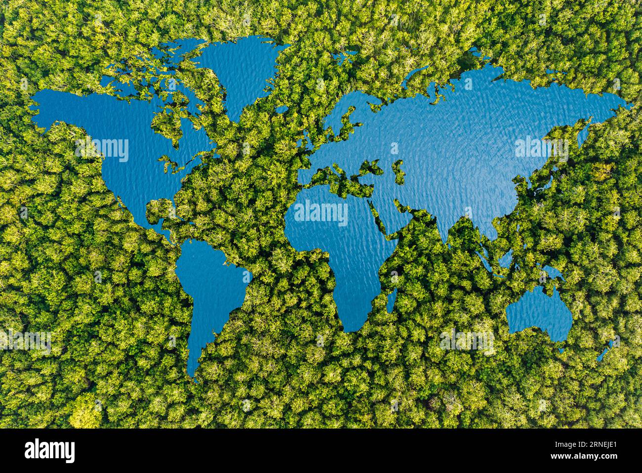 Illustrated world map with ocean, mountains, forests . 3D rendering ...