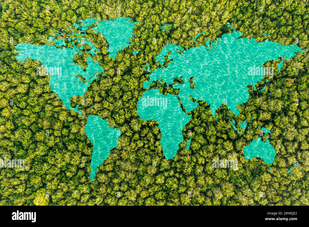 Illustrated world map with ocean, mountains, forests . 3D rendering ...