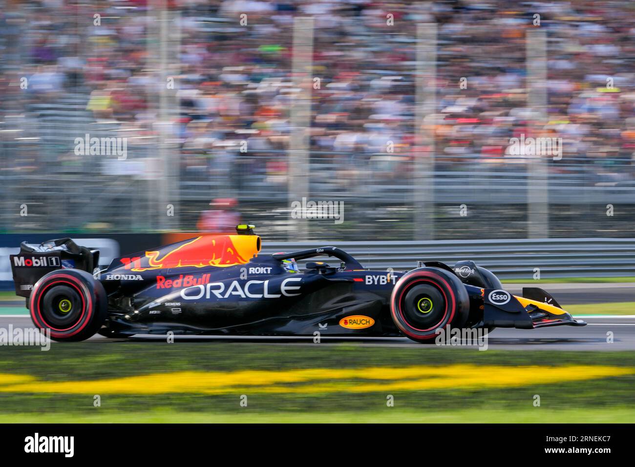Red Bull driver Sergio Perez of Mexico steers his car during the second practice session ahead ...