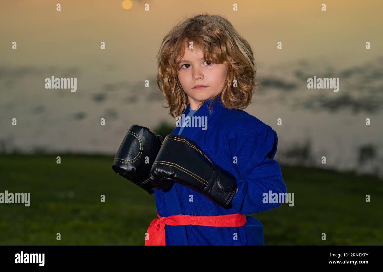 Little karate fighter. Kid boy practicing karate outdoor. Sport karate ...