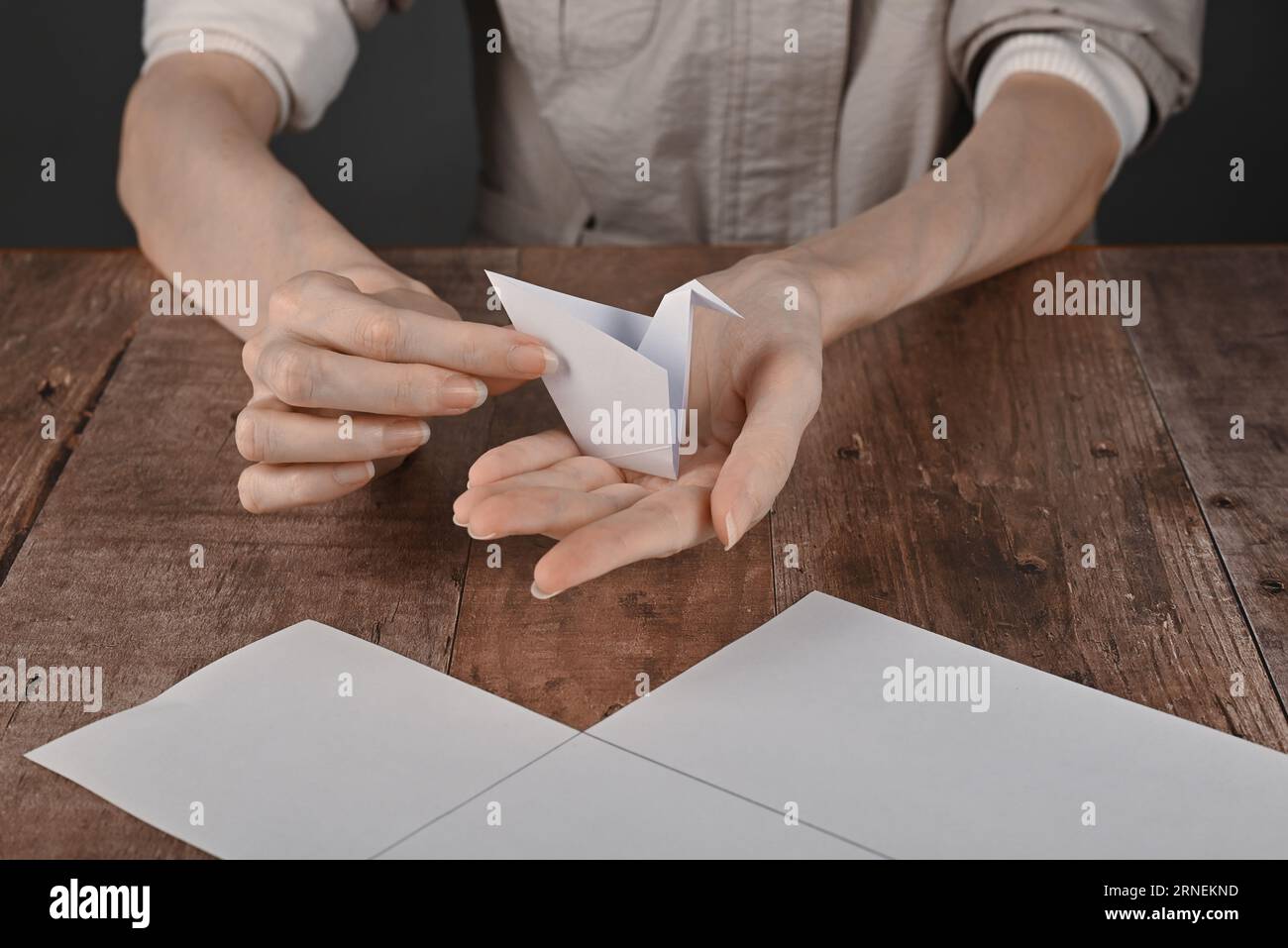 hands of an elderly woman fold origami paper. Creating an origami paper ...