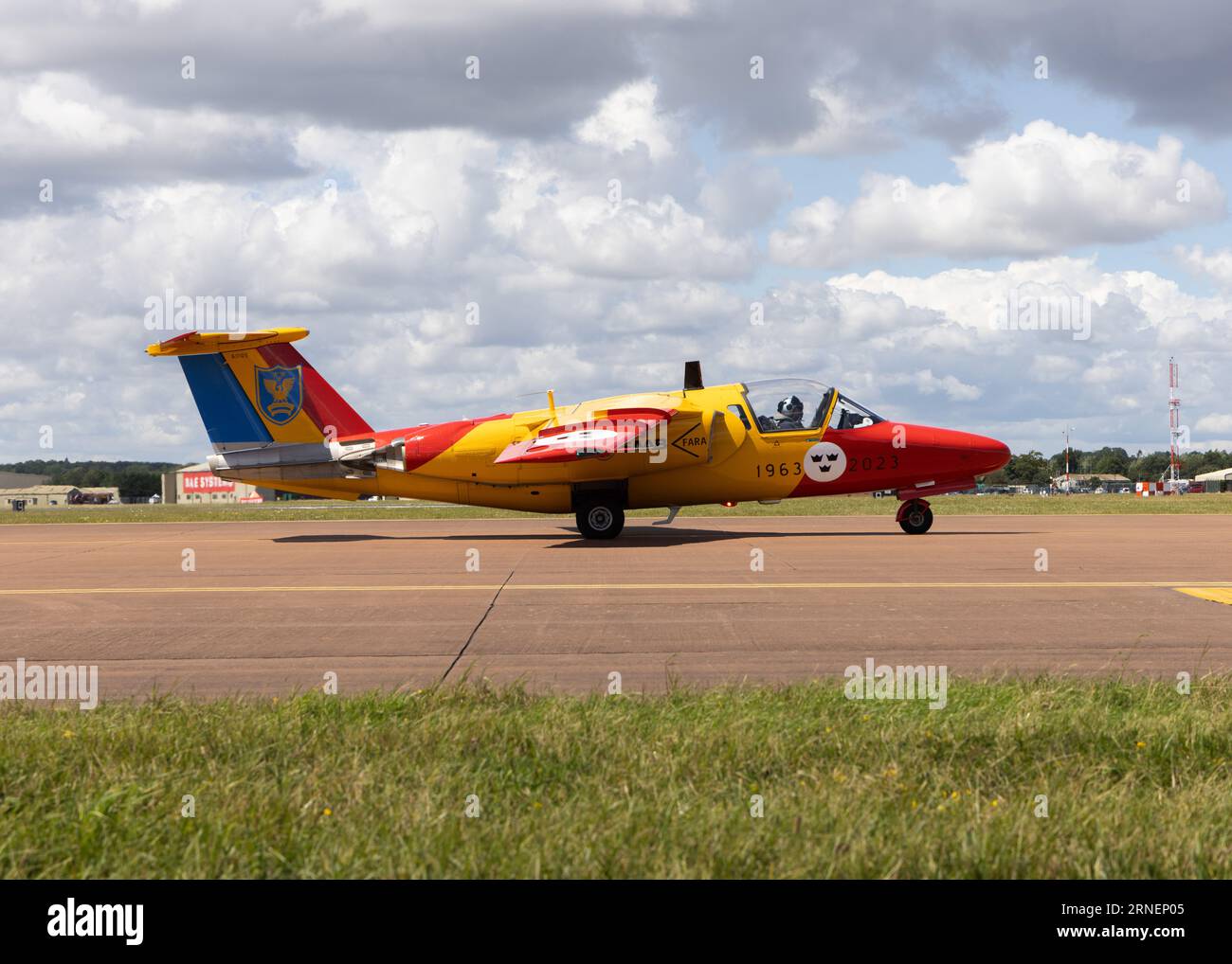 A Swedish Saab 105 jet trainer aircraft prepares to leave the 2023 ...