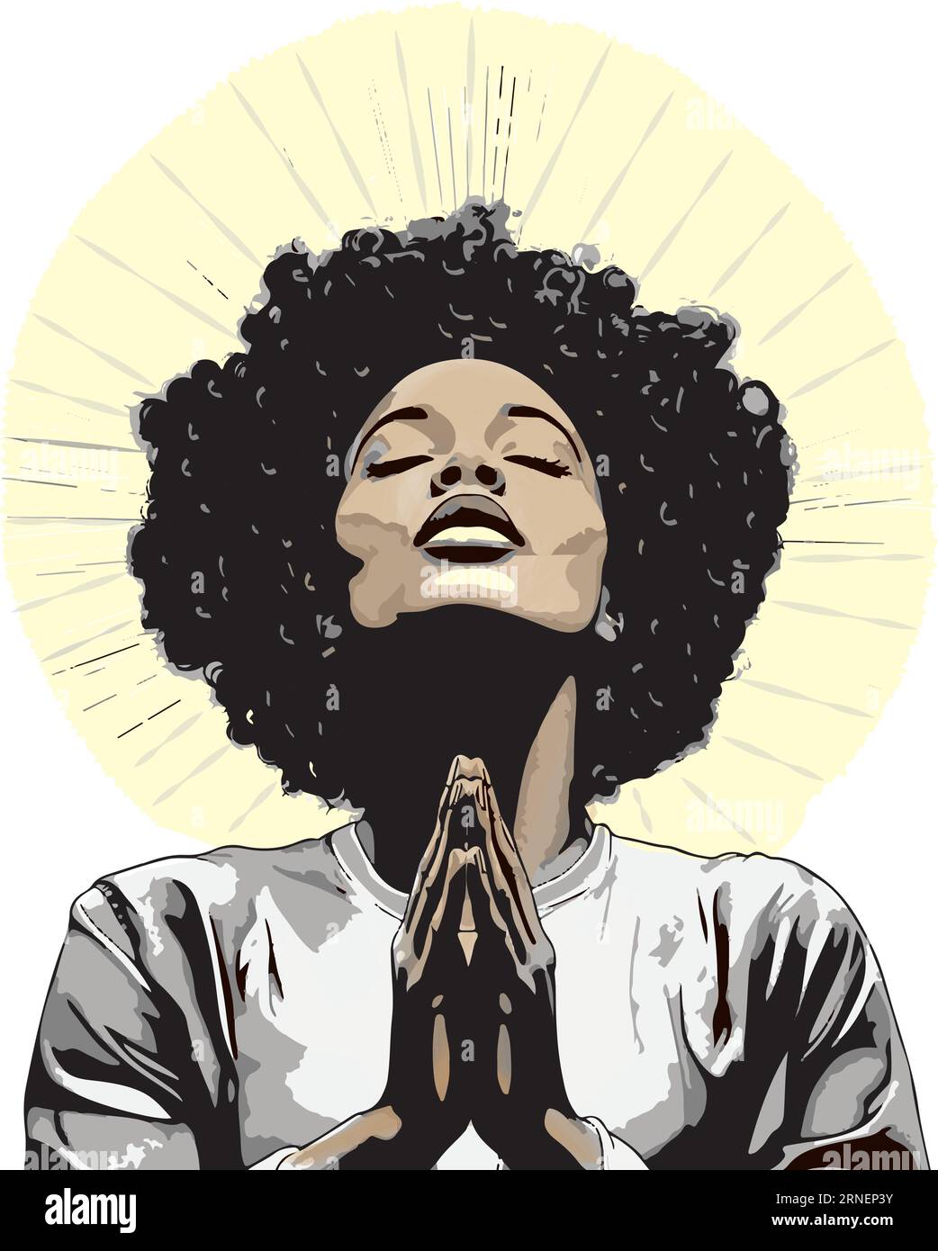 Vector illustration of a praying African woman, yellow halo effect ...