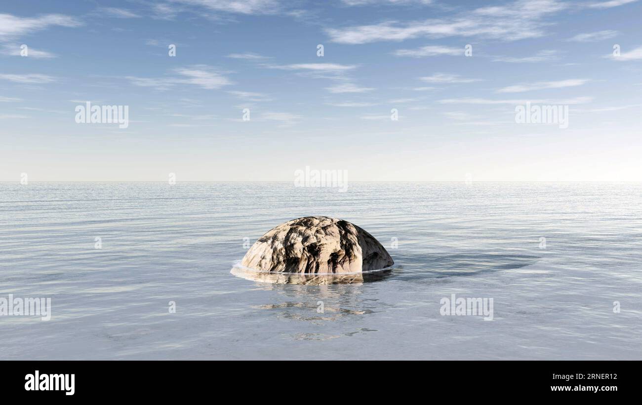 Meteorite or asteroid stone swimming in the ocean, 3D illustration ...