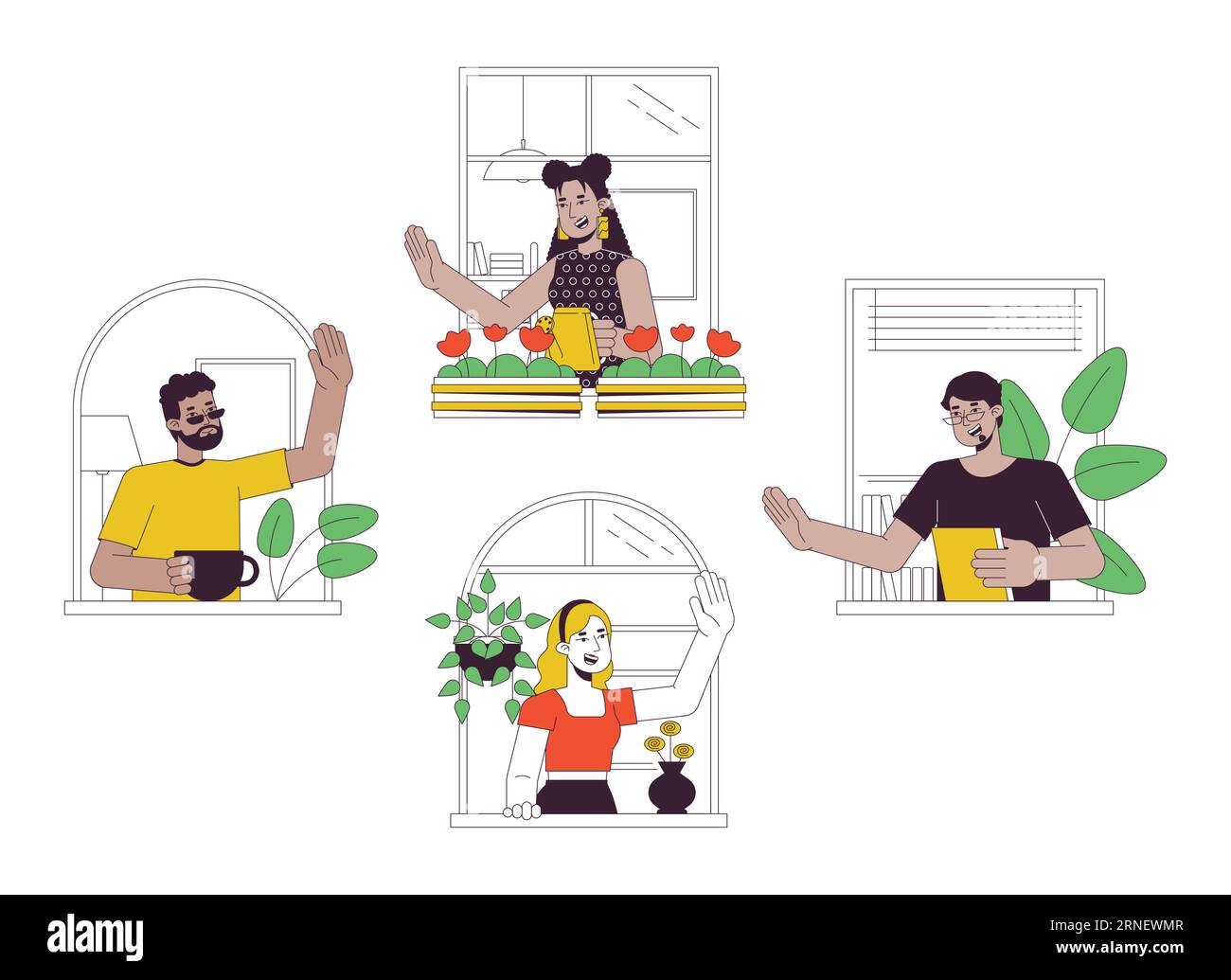 Diverse neighbors greeting flat line concept vector spot illustration ...