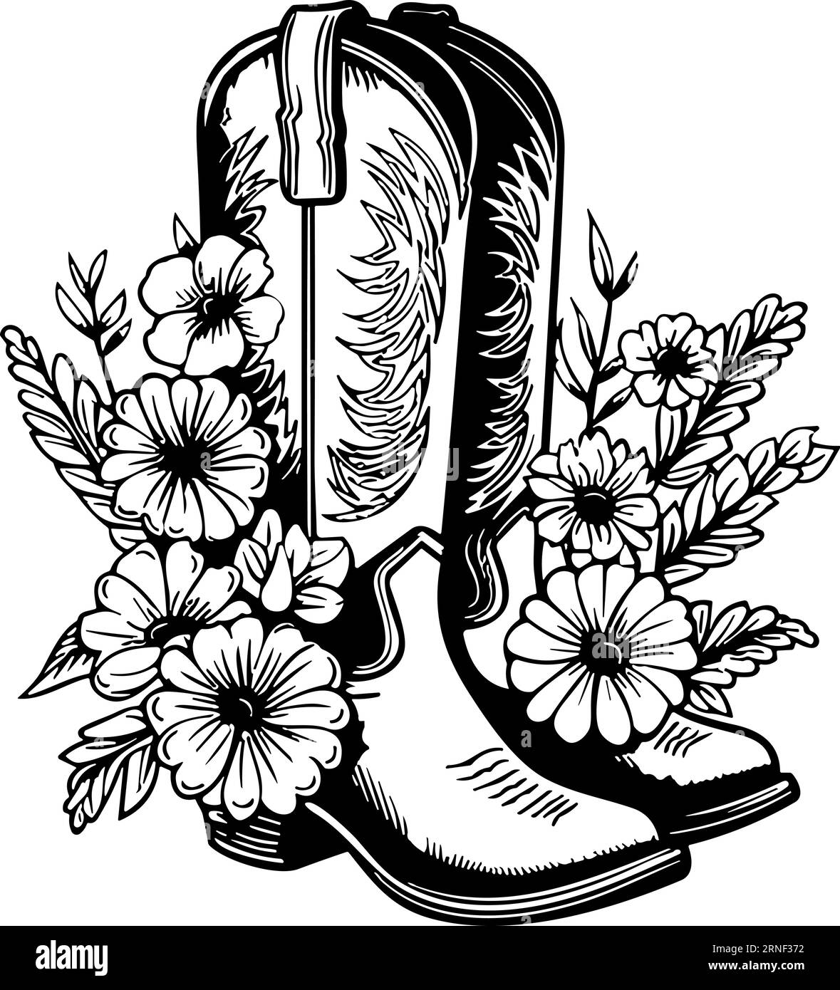 Cowboy boots with flowers and leaves. Floral decoration. Outline vector ...