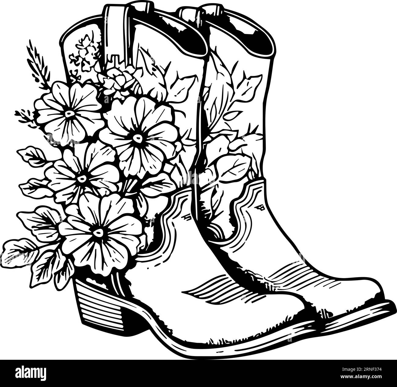 Cowboy boots with flowers and leaves. Floral decoration. Outline vector ...