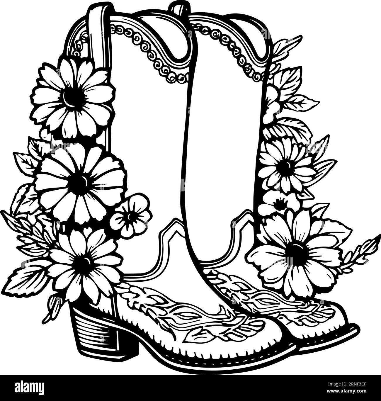 Cowboy boots with flowers and leaves. Floral decoration. Outline vector ...